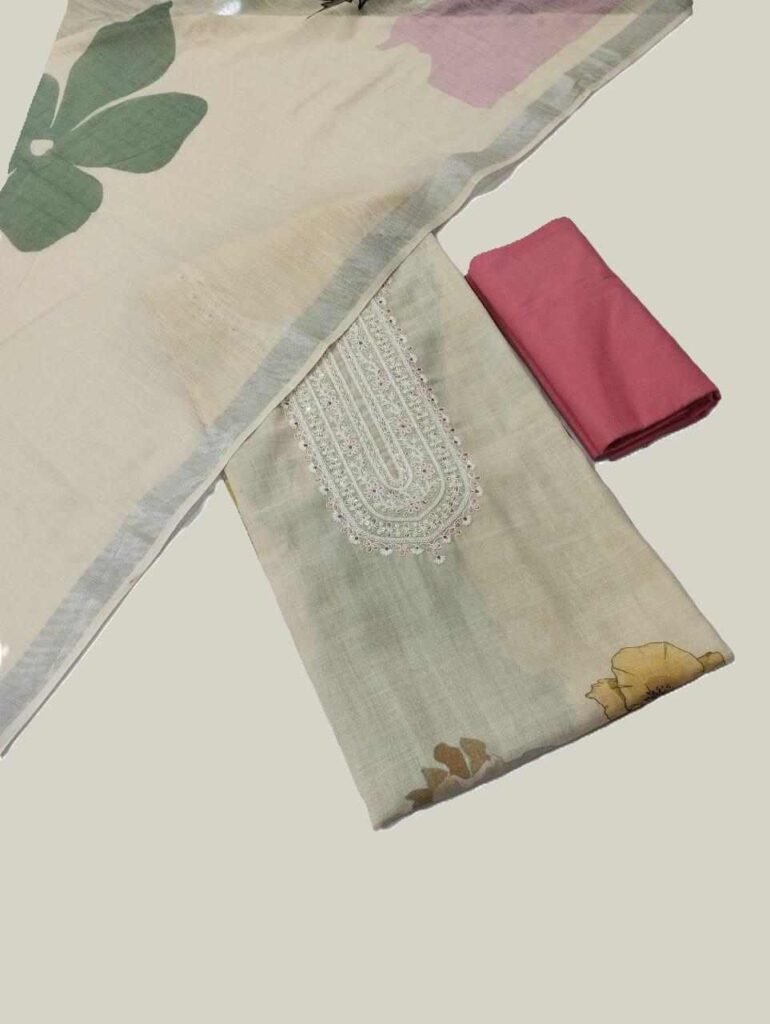 Cream Pure Linen Unstitched Suit - Bunkar Sarees